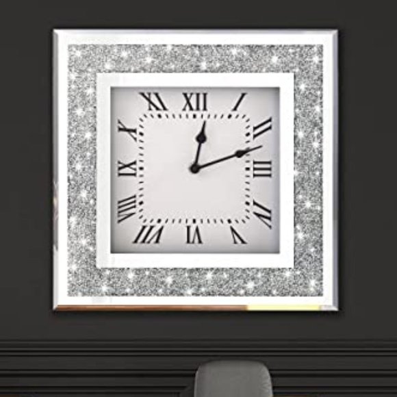 Wall Decor | Crystal Crush Diamond Mirrored Square Wall Clock With ...